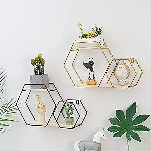 Fasyou Hexagon Floating Shelves Cute Gold Honeycomb Shelves Wall Mounted Shelves with Metal Bracket Rustic Solid Wood Wall Shelves for Living Room,Bedroom,Gold