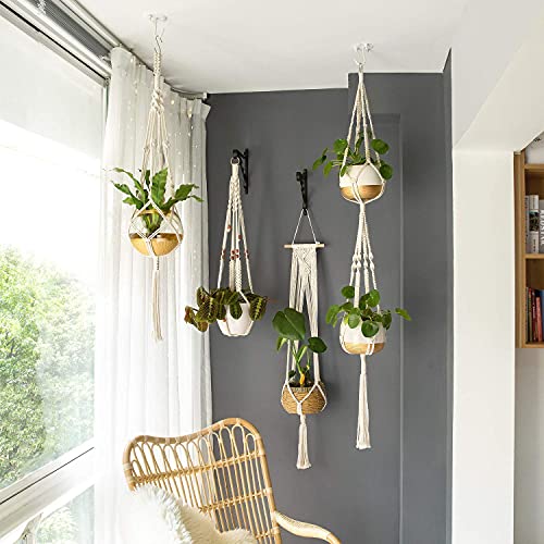 Mkono Set of 3 Wood Wall Hanging Shelves Boho Decor and Set of 4 Macrame Plant Hanger