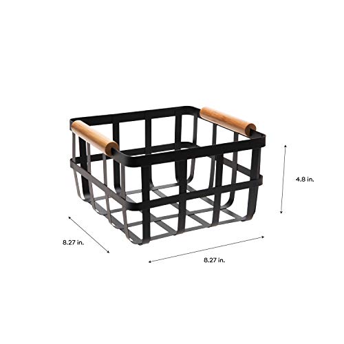 Simplify Square Metal Storage Basket with Bamboo Handles | Medium | Farmhouse Style Wire Basket | Home Organizer | Decorative | Rustic | Black