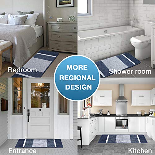 Luxury Chenille Microfiber Floor Mat for Living Room Bedroom, Gradient Navy Stripe Pattern Shag Plush Rug, Soft Non Slip Absorbent Bathmat Washable Home Decor, (47×20 inch, Navy)