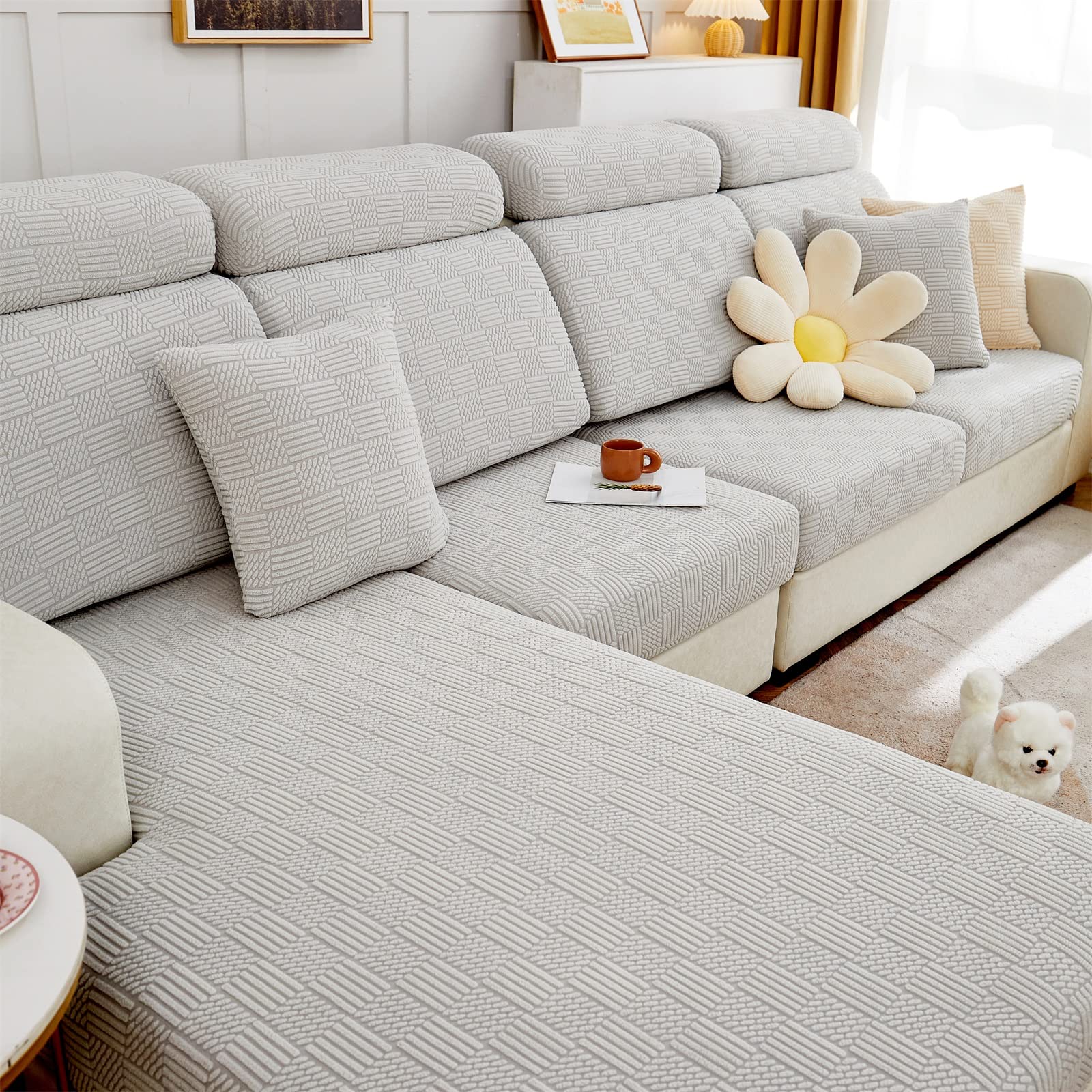 ele ELEOPTION Couch Cushion Covers Slipcover Elastic Chair Loveseat Sofa Furniture Protector Cover for Living Room (Length 39-53inch Width 25-37inch,Large Double Seat Cover) Grey White