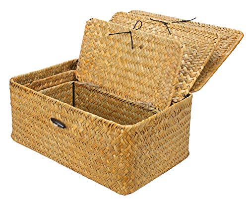 Yesland Shelf Baskets with Lid Set of 3, Handwoven Seagrass Storage Bins Box Rectangular Seagrass Basket Storage Organizer Wicker Basket for Shelf