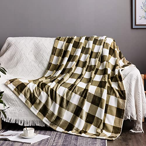 NEWCOSPLAY Buffalo Plaid Throw Blanket Soft Flannel Fleece Checker Pattern Lightweight Decorative Blanket for Bed Couch (280GSM-White Army Green, Throw(50"x60"))