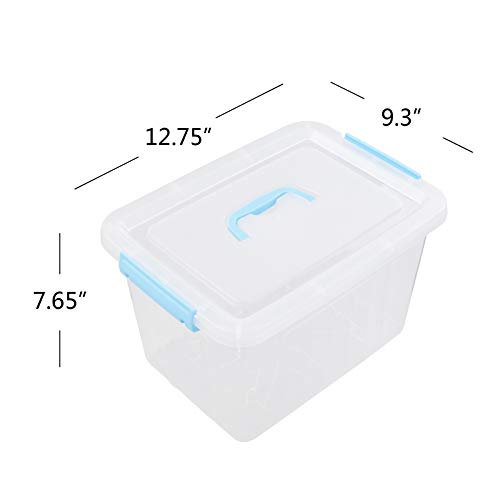Hespama 12 Quart Storage Bin, Plastic Latching Box/Container with Clear Lid, Blue Handle and Latches, 1 Pack