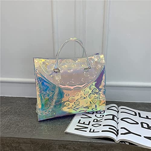 XinMaJiaSnail Women Holographic Tote Handbag Rainbow Colorful Clear Travel Bag Large Square Backpack