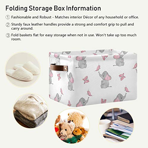 AGONA Large Foldable Storage Bin Cute Elephants Pink Butterflies Storage Bins Collapsible Decorative Fabric Storage Baskets with Leather Handles for Home Closet Bedroom Organizer Nursery 1 Pack