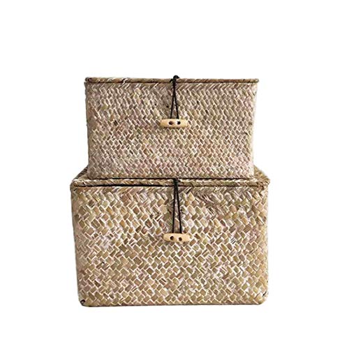 Hand-Woven Baskets,Storage Basket With Lid Straw Basket for Natural seaweed woven, Home Dirty Clothes Storage Nest Books Flowers Rattan Shelf Basket for Sundries Sorting Boxes,Home decoration