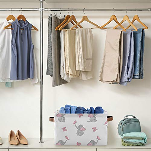 AGONA Large Foldable Storage Bin Cute Elephants Pink Butterflies Storage Bins Collapsible Decorative Fabric Storage Baskets with Leather Handles for Home Closet Bedroom Organizer Nursery 1 Pack