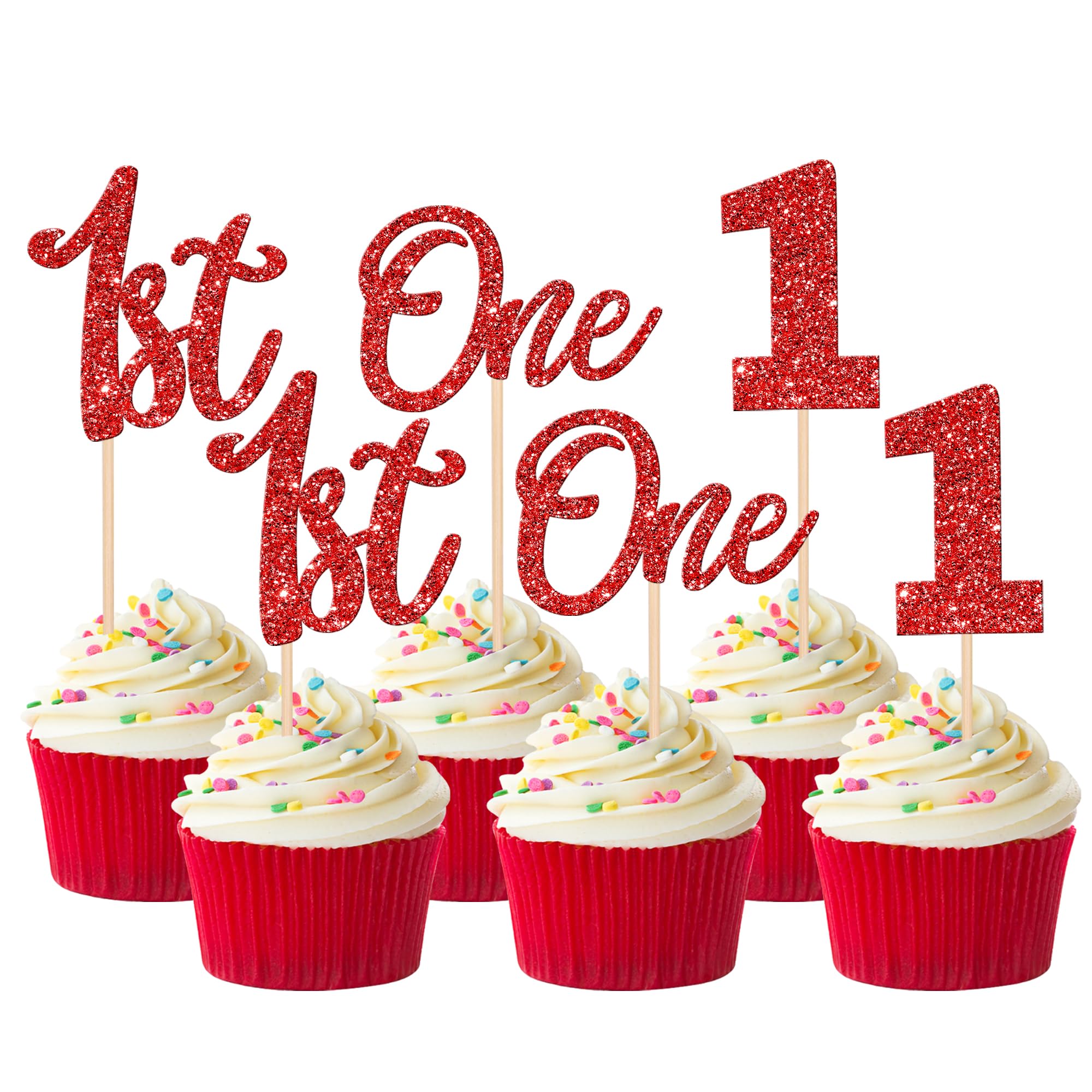 24 PCS One Cupcake Toppers Glitter 1st Birthday Cupcake Picks Number 1 First Birthday One Cake Decorations for Baby Shower Kids 1st Birthday Anniversary Party Supplies Red
