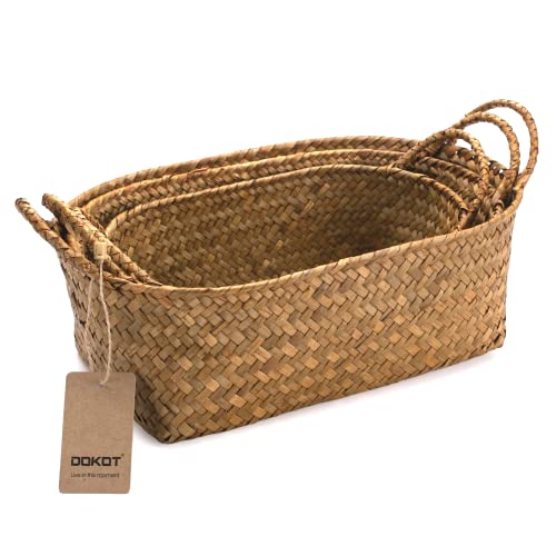 DOKOT Woven Baskets For Storage, Rattan Baskets With Handles For Kitchen, Wicker Baskets For Storage Organizer, Small Baskets for Fruits , Seagrass Baskets Set of 3