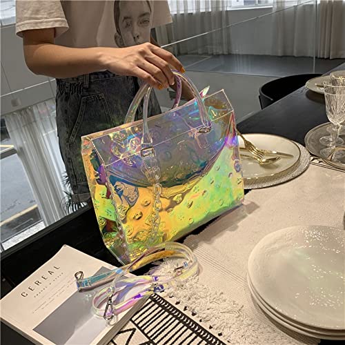 XinMaJiaSnail Women Holographic Tote Handbag Rainbow Colorful Clear Travel Bag Large Square Backpack