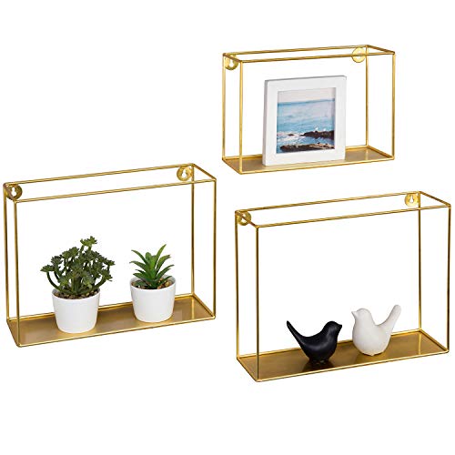 MyGift Wall Mounted Floating Shelf Display Organizer with Brass-Tone Metal Wire Frame, Set of 3 - Handcrafted in India