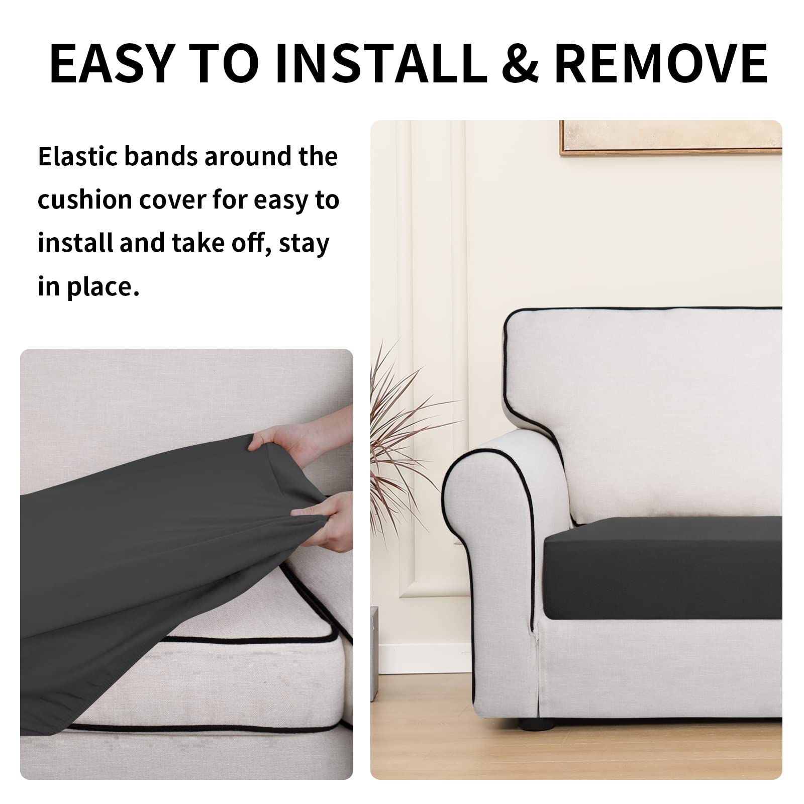 Easy-Going 100% Waterproof Chair Sofa Seat Cushion Slipcovers Couch Cushion Cover Stretch Furniture Protector for Kids, Pets (3-Piece Sofa Cushion, Dark Gray)