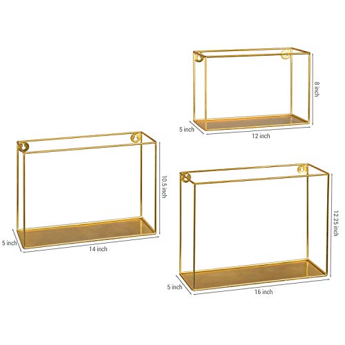 MyGift Wall Mounted Floating Shelf Display Organizer with Brass-Tone Metal Wire Frame, Set of 3 - Handcrafted in India