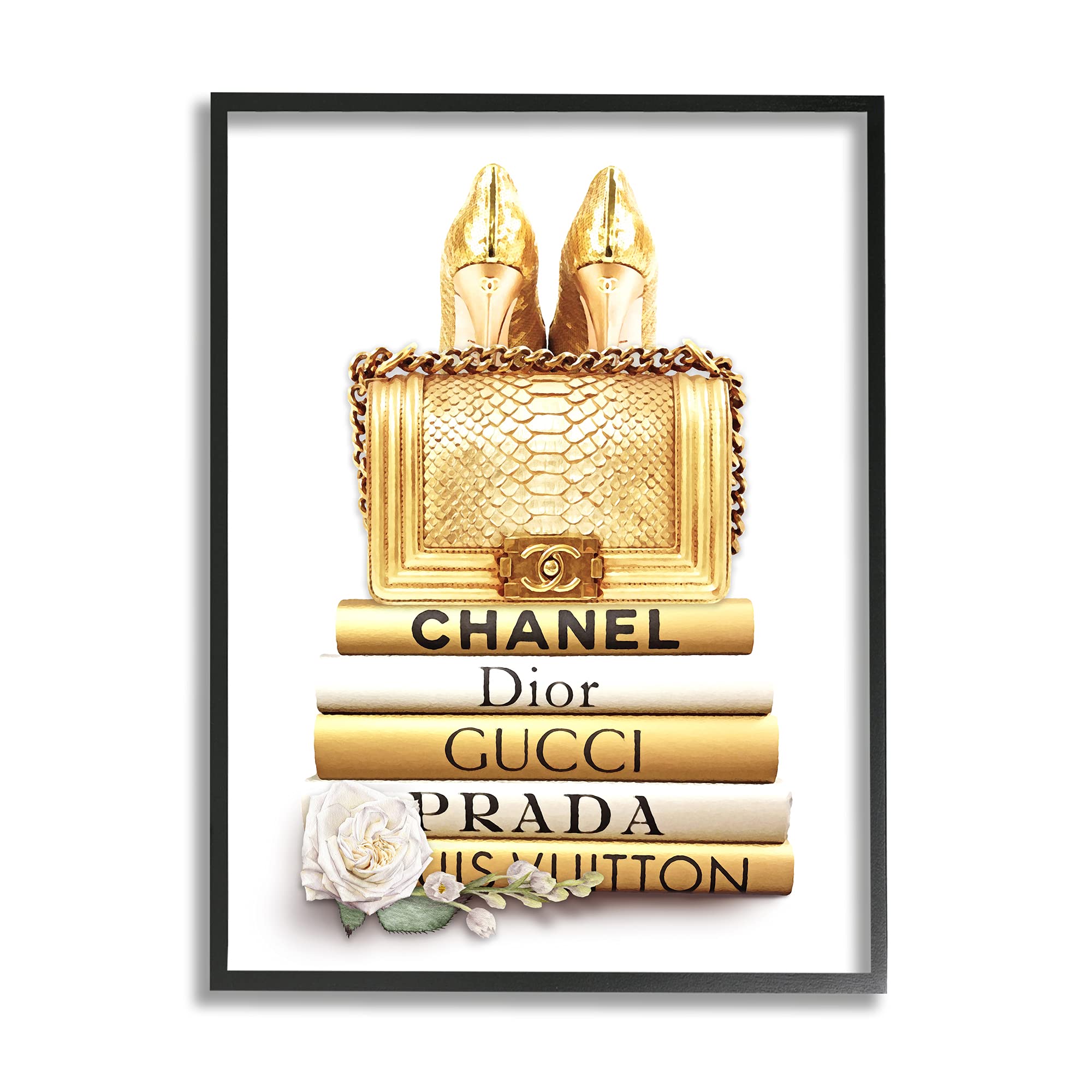Stupell Industries Divine Golden Fashion Purse on Glam Designer Bookstack, Designed by ROS Ruseva Black Framed Wall Art, Gold