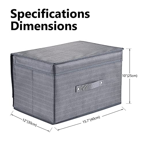 BEBORIN Foldable Storage Bins|2 Pack Storage Boxes with Lids and Handles Storage Baskets in Cotton and Linen Storage Organizers for Toys, Shelves, Clothes, Papers and Books etc. (Grey-twill)