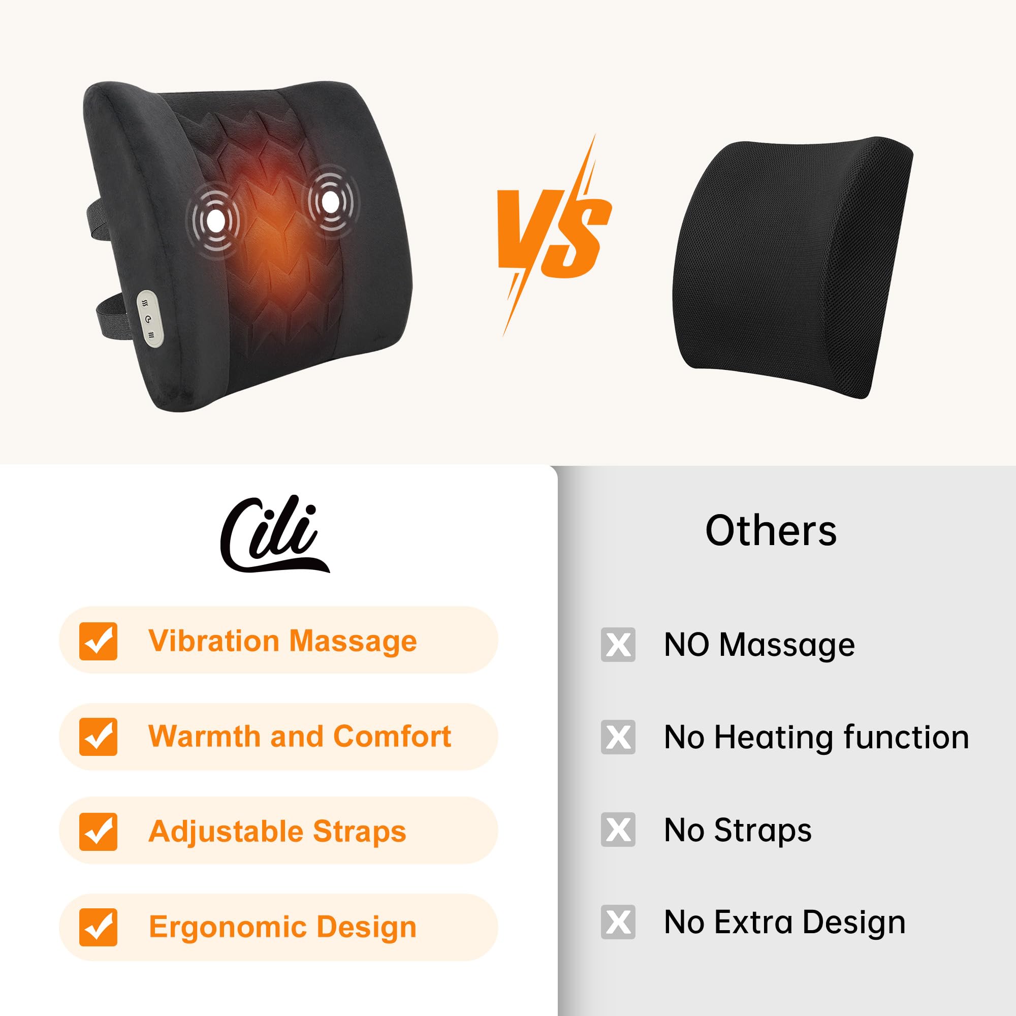 CILI Lumbar Support Pillow for Office Chair, Heated Back Support Pillow with Vibration, Back Massager for Chair, Back Rest Cushion Pillow for Desk Chair Sofa, Gifts for Mom Dad Women Men
