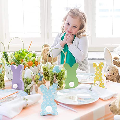 Easter Wood Bunnies, Easter Tiered Tray Peeps Decor 4 PCS, Spring Rabbit Wooden Decorations, Pastel Purple Green Bunny Decors with Cotton Tails, Rustic Easter Farmhouse Bowl Fillers Riser