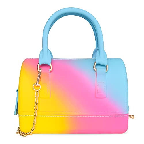 Rainbow Jelly Bag,Bright Mini Satchel Crossbody Shoulder Bag Candy Color Handbag Graffiti Purse for Women and Girls (Yellow+Red+Blue)