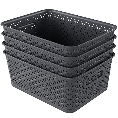 Obstnny Plastic Weave Storage Basket Grey, Pantry Organization Basket Bin, 4 Packs, 9.91" x 7.6" x 4.05"