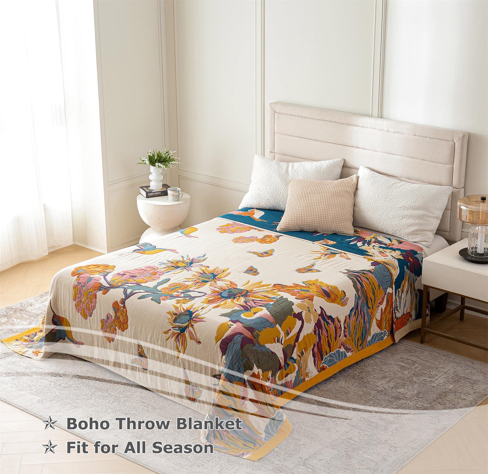 Boho Throw Blanket for Bed - 100% Cotton Ultra Soft Rustic Quilt - Floral Printed Farmhouse Decor Spring Bed Blankets,98"×98" All Season Rustic Throw for Sofa Couch Chair