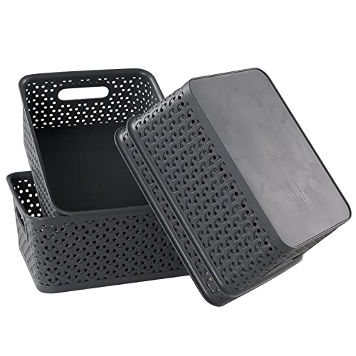 Obstnny Plastic Weave Storage Basket Grey, Pantry Organization Basket Bin, 4 Packs, 9.91" x 7.6" x 4.05"
