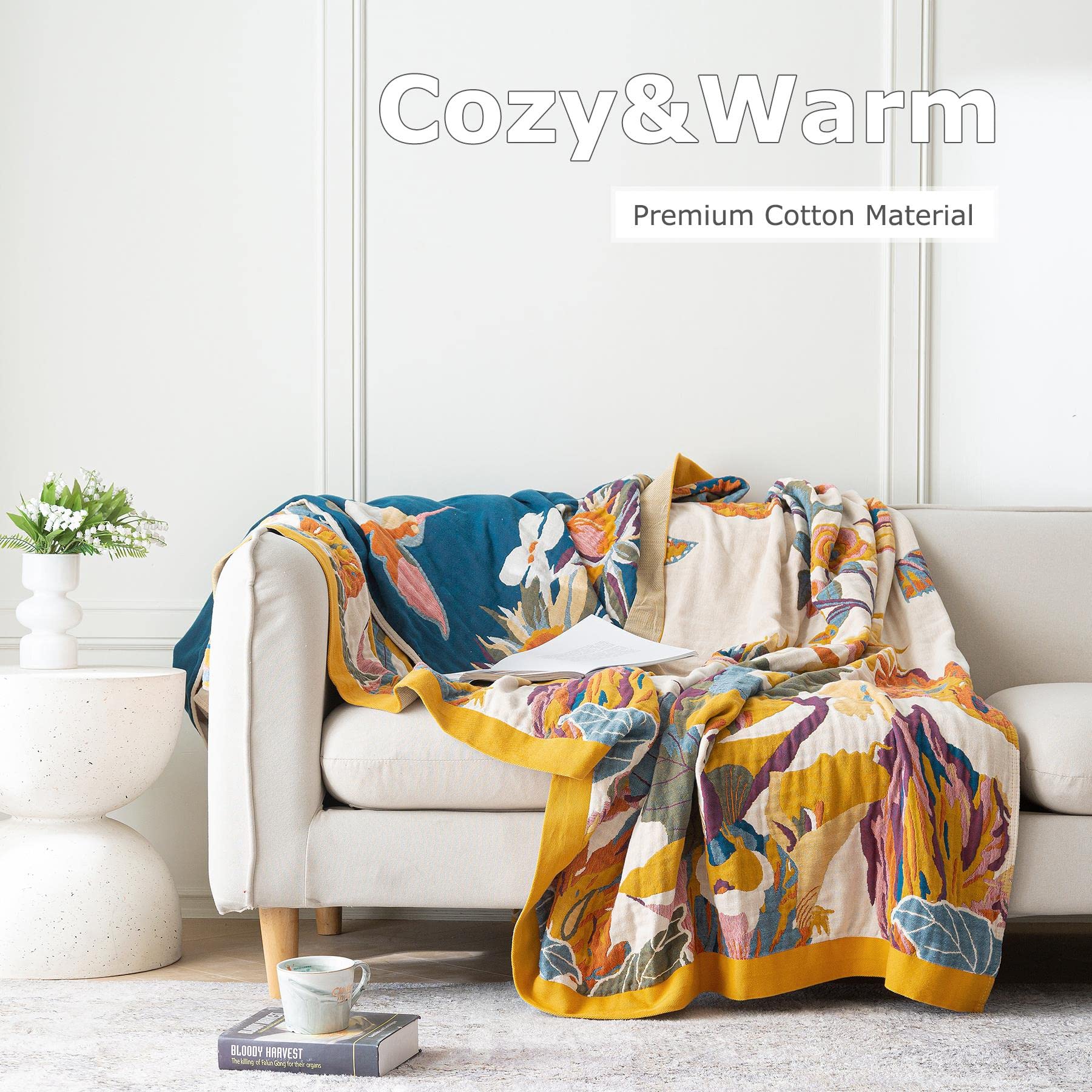 Boho Throw Blanket for Bed - 100% Cotton Ultra Soft Rustic Quilt - Floral Printed Farmhouse Decor Spring Bed Blankets,98"×98" All Season Rustic Throw for Sofa Couch Chair