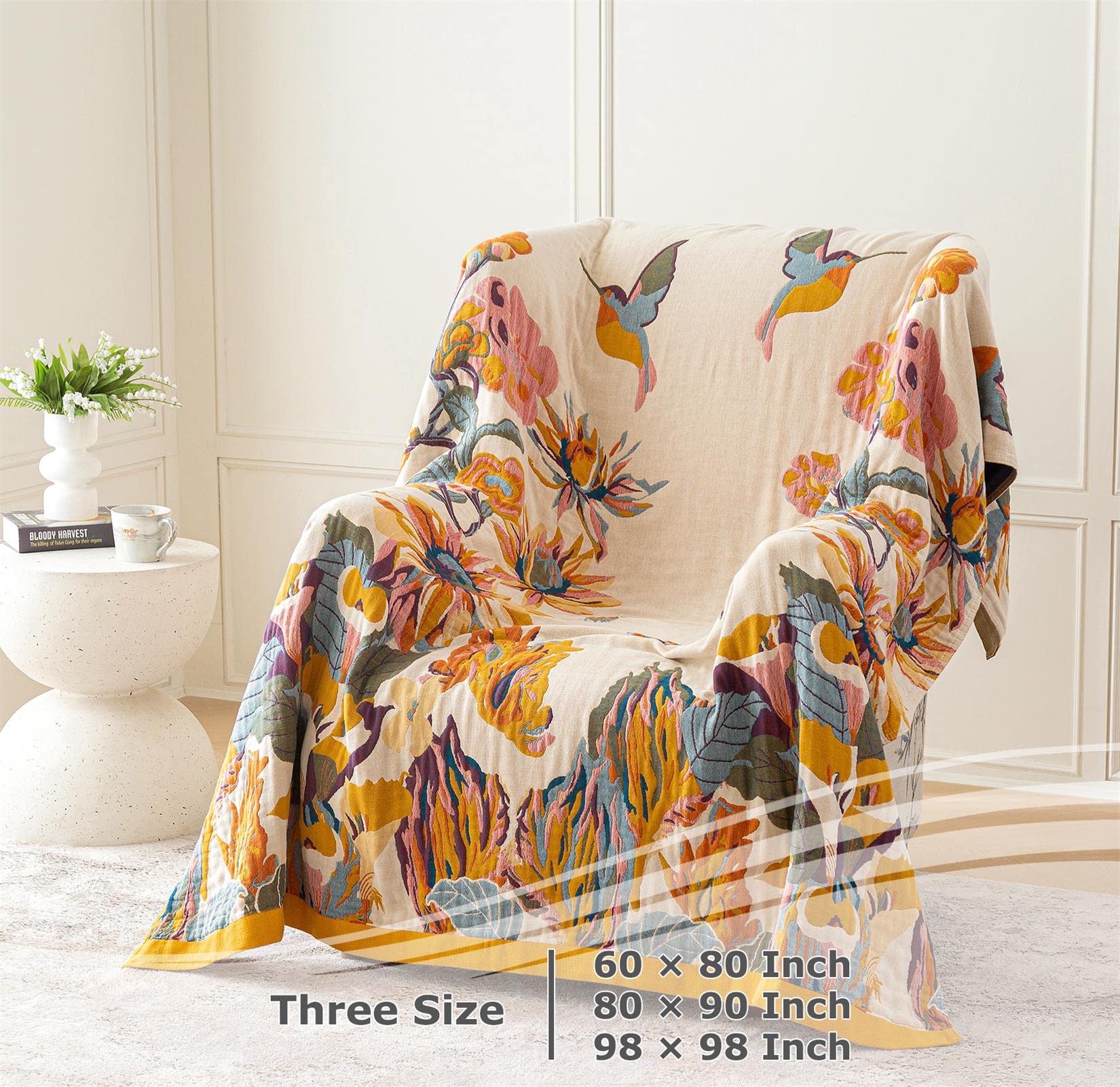 Boho Throw Blanket for Bed - 100% Cotton Ultra Soft Rustic Quilt - Floral Printed Farmhouse Decor Spring Bed Blankets,98"×98" All Season Rustic Throw for Sofa Couch Chair