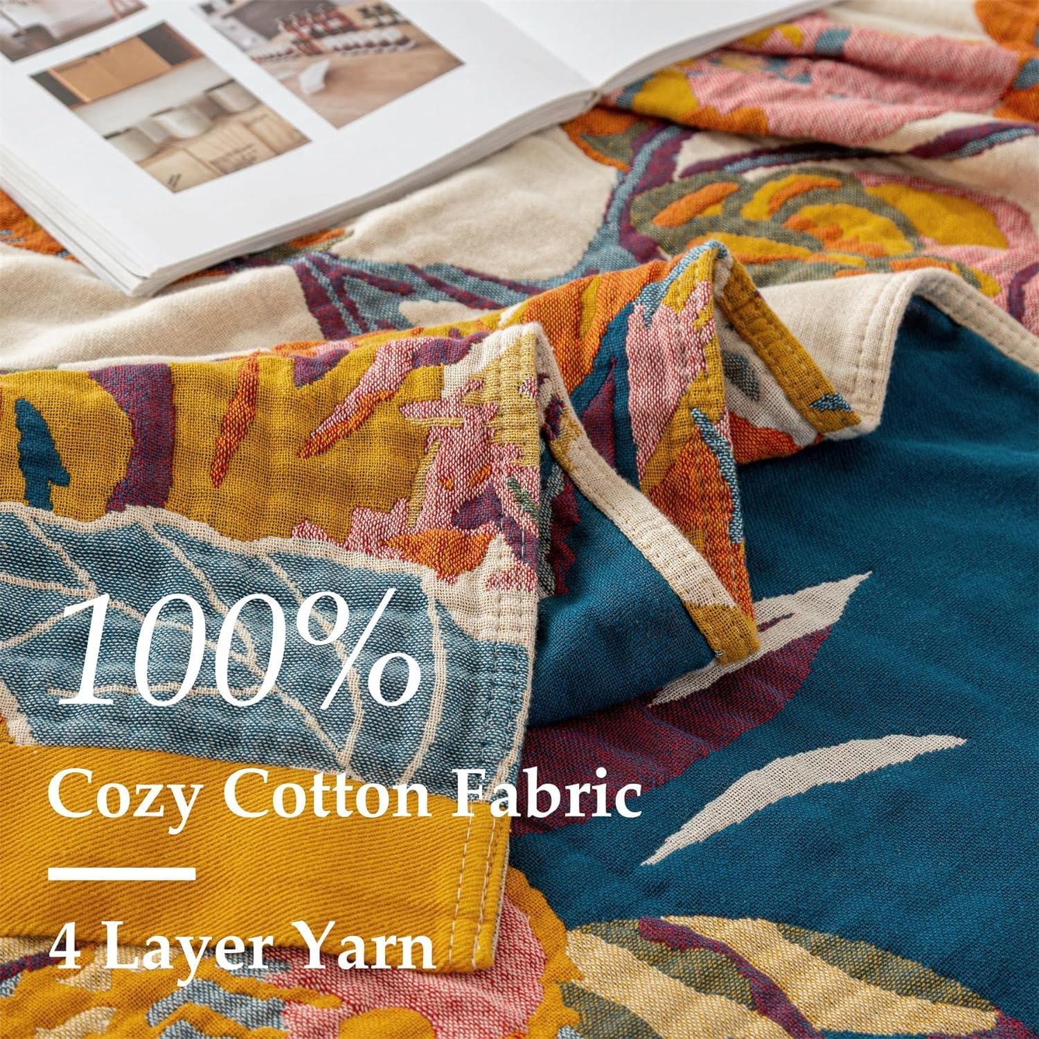 Boho Throw Blanket for Bed - 100% Cotton Ultra Soft Rustic Quilt - Floral Printed Farmhouse Decor Spring Bed Blankets,98"×98" All Season Rustic Throw for Sofa Couch Chair