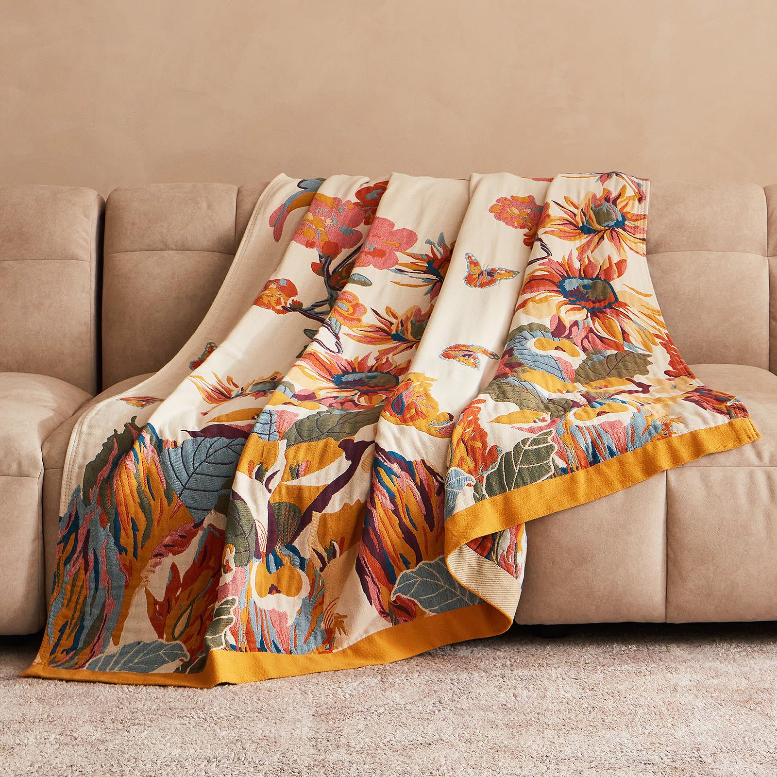 Boho Throw Blanket for Bed - 100% Cotton Ultra Soft Rustic Quilt - Floral Printed Farmhouse Decor Spring Bed Blankets,98"×98" All Season Rustic Throw for Sofa Couch Chair