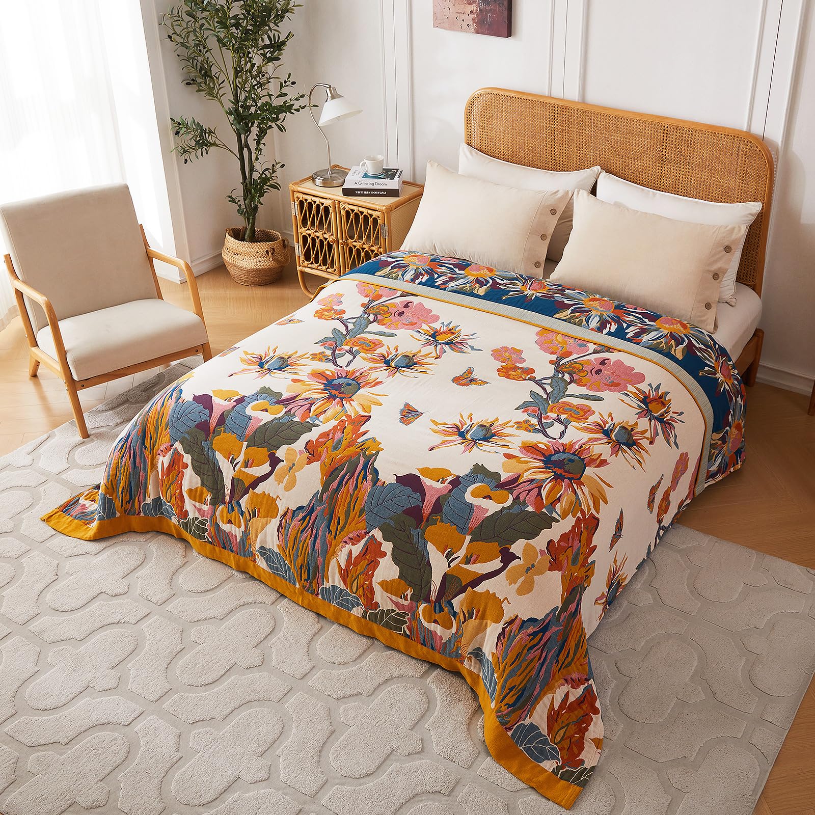 Boho Throw Blanket for Bed - 100% Cotton Ultra Soft Rustic Quilt - Floral Printed Farmhouse Decor Spring Bed Blankets,98"×98" All Season Rustic Throw for Sofa Couch Chair