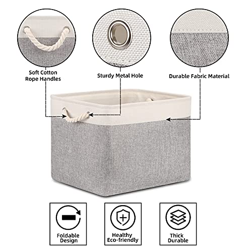 Bidtakay Baskets Set Fabric Storage Bins-White&Grey Bundled Baskets of 2 Large Baskets 16" X 11.8" X 11.8" + 3 Medium Baskets 15" X 11" X 9.5" for Closet, Shelves