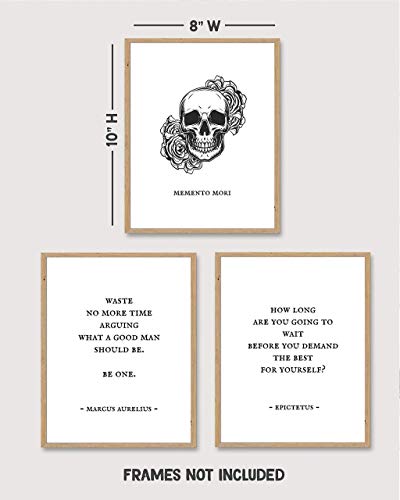 Stoic Wall Art Collection - Marcus Aurelius, Memento Mori, Epictetus Quotes - Stoicism Wisdom Set of 3 Prints - 8x10 - Unframed