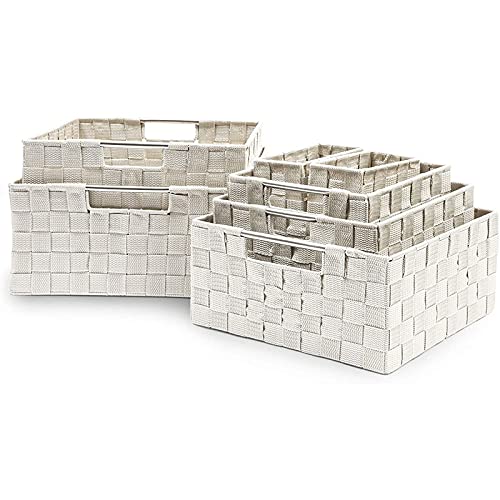 Drawer Organizers, Woven Strap Storage Basket Set, Beige (6 Sizes, 7 Pieces)