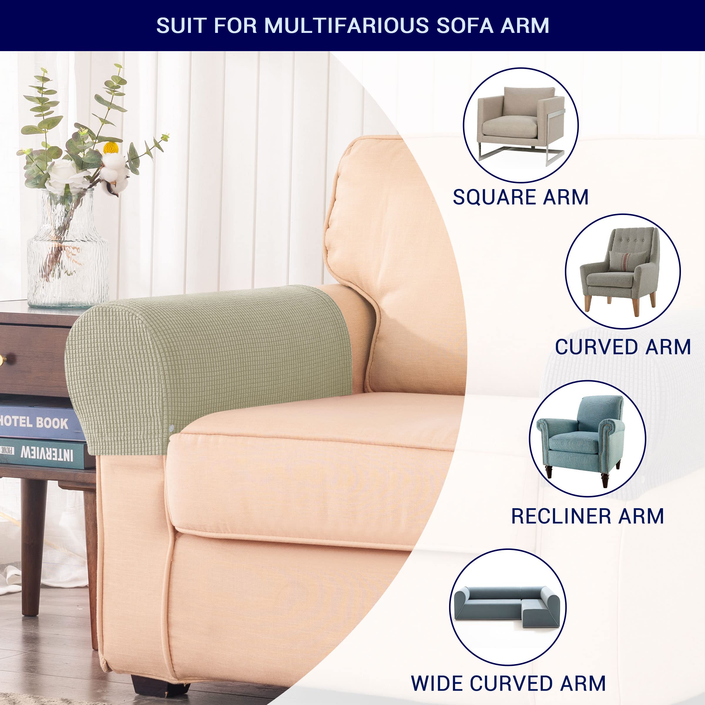 SUBRTEX Stretch Armrest Covers Spandex Arm Covers for Chairs Couch Sofa Armchair Slipcovers for Recliner Sofa with Twist Pins 2pcs (Sand)