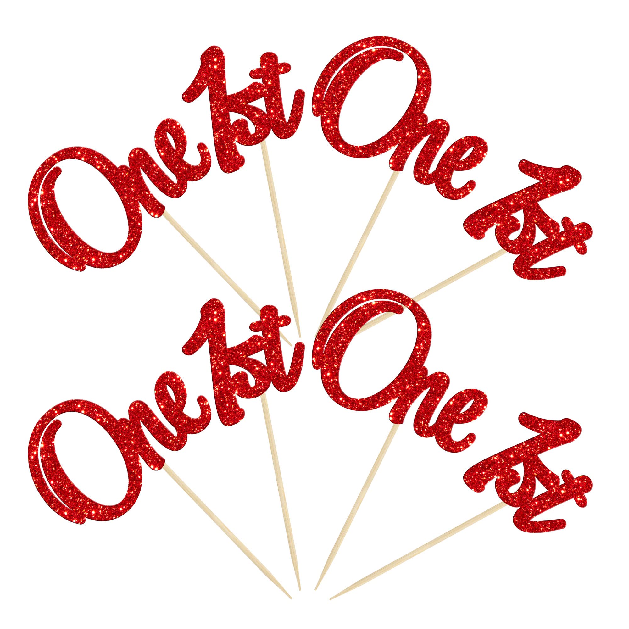 Gyufise 24Pcs 1st Birthday Cupcake Toppers Glitter First Birthday One Cupcake Picks for Baby Shower 1st Birthday Party Cake Decorations Supplies Red