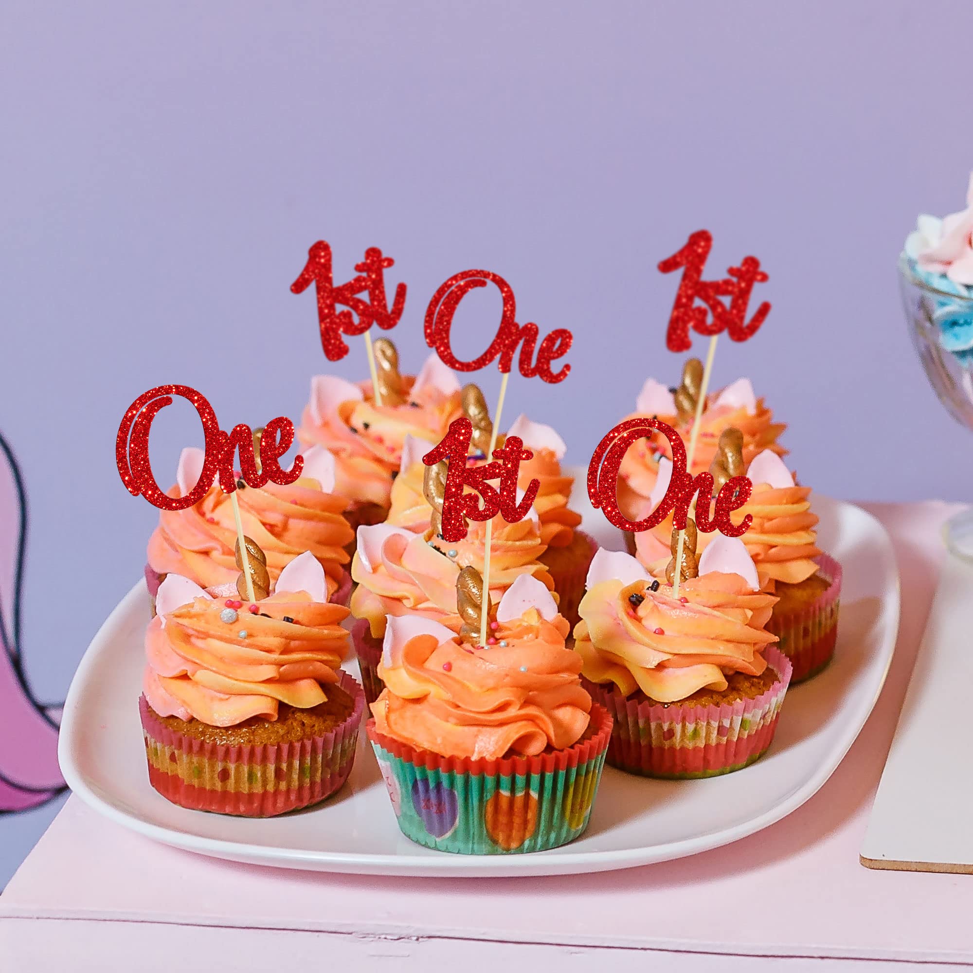 Gyufise 24Pcs 1st Birthday Cupcake Toppers Glitter First Birthday One Cupcake Picks for Baby Shower 1st Birthday Party Cake Decorations Supplies Red