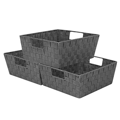 Sorbus Woven Basket Bin Set - Shelf Storage Tote Baskets for Household Items - Stackable with Woven Straps & Built-in Carry Handles (Gray)