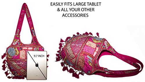 Tribe Azure Women Medium Shoulder Bag Tote Colorful Roomy Casual Boho Purse Travel Beach Top Handle Tassel Bright (PINK)