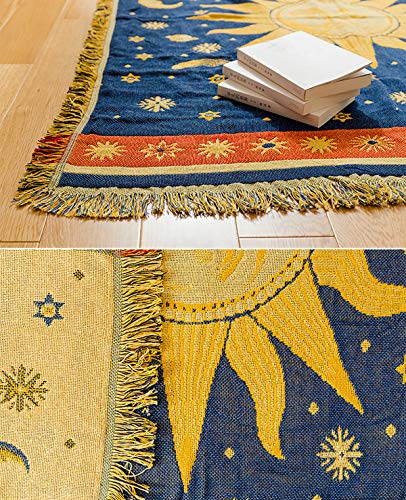 MayNest Sun And Moon Stars Hippie Throw Blanket Celestial Tapestry Double-sided Reversible Woven Cotton Home Decor Bedding Chair Couch Recliner Cover Loveseat Rug Oversized Tassels Blue Yellow (71x51)