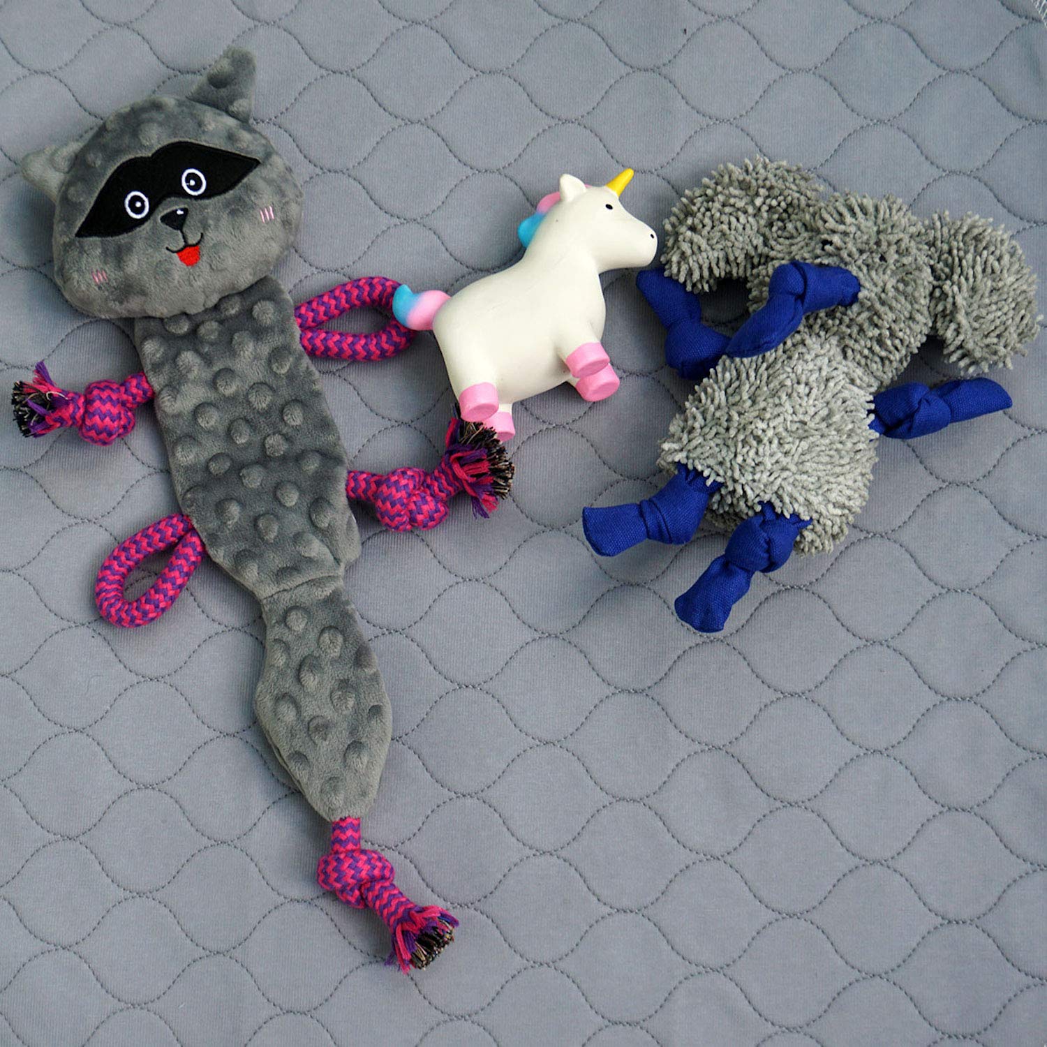 rocket & rex No Stuffing Dog Toy | Unstuffed Dog Toys Set with Squeakers | Includes a Stuffing Free Rope Toy, Rubber Squeaker Toy and Plush Toy | for Small to Medium Breeds | Dog Stocking Stuffer