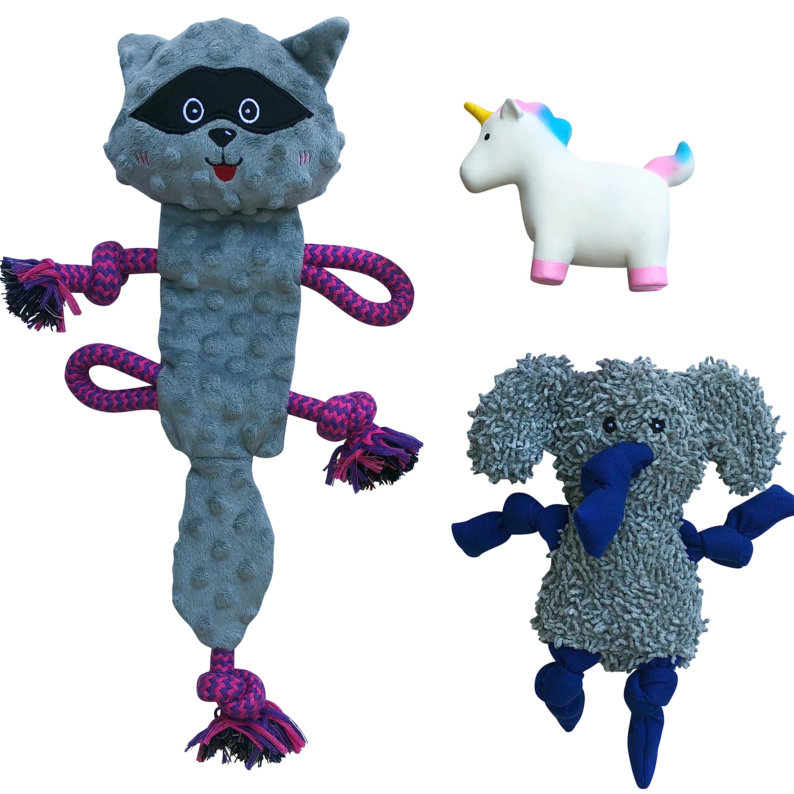 rocket & rex No Stuffing Dog Toy | Unstuffed Dog Toys Set with Squeakers | Includes a Stuffing Free Rope Toy, Rubber Squeaker Toy and Plush Toy | for Small to Medium Breeds | Dog Stocking Stuffer