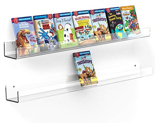 MaxGear Acrylic Floating Bookshelves, 36 Inch (2 Pack) Invisible Acrylic Floating Wall Ledge Shelf Wall Mounted Nursery Kids Bookshelf, Clear Storage Shelves Display Organizer for Bedroom, Kids Room