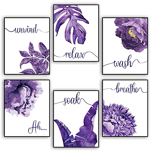 Outus 6 Pieces Purple Wall Art Decor Relax Soak Wash Breathe Unwind Bathroom Decor Unframed Flower Poster Prints Photos Farmhouse Wall Painting Decor for Home Bathroom Washroom, 8 x 10 Inch (Purple)