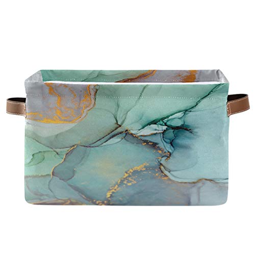 MNSRUU Storage Basket Teal Colored Abstract Marble Collapsible Organizer Basket with PU Handles, Waterproof Nursery Laundry Basketļ¼1 Pack