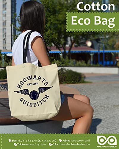 Personalized.Design Tote Bag ''Quidditch - Hogwarts. Est.1092'' - Harry Potter Cotton Canvas Organic Shoulder Craft Bag - Christmas Gifts Purse, Beige (ECBG-007)