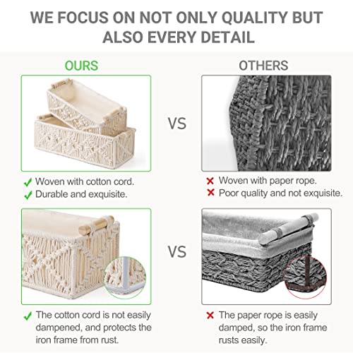 Mkono Macrame Storage Baskets Boho Decor Box Handmade Woven Decorative Countertop Toilet Tank Shelf Cabinet Organizer for Bedroom Livingroom Home, Set of 2, Ivory