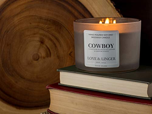 Leather Scented Candles | Campfire Scented Candles | Luxury Soy & Beeswax Candles for Home | 16 oz. Large Jar 3 Wick Candle | Masculine Candle | Manly Candles For Home | Scented Candles for Men