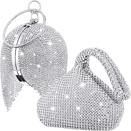 2 Pieces Women's Evening Handbags Rhinestone Clutch Wedding Purse Rhinestone Bag Triangle Bling Glitter Clutch Bag Round Ball Crystal Tassel Evening Bag for Bridesmaid Engagement Party(Silver)