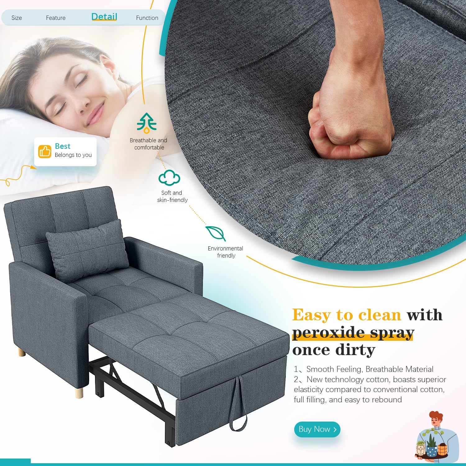 YODOLLA Sleeper Chair, 3 in 1 Chair Bed for Adults, Pull Out Sofa Chair with Pillow and Convertible Backrest, Multi-Functional Fold Out Futon Chair Reading Chair for Small Space (Dark Grey)